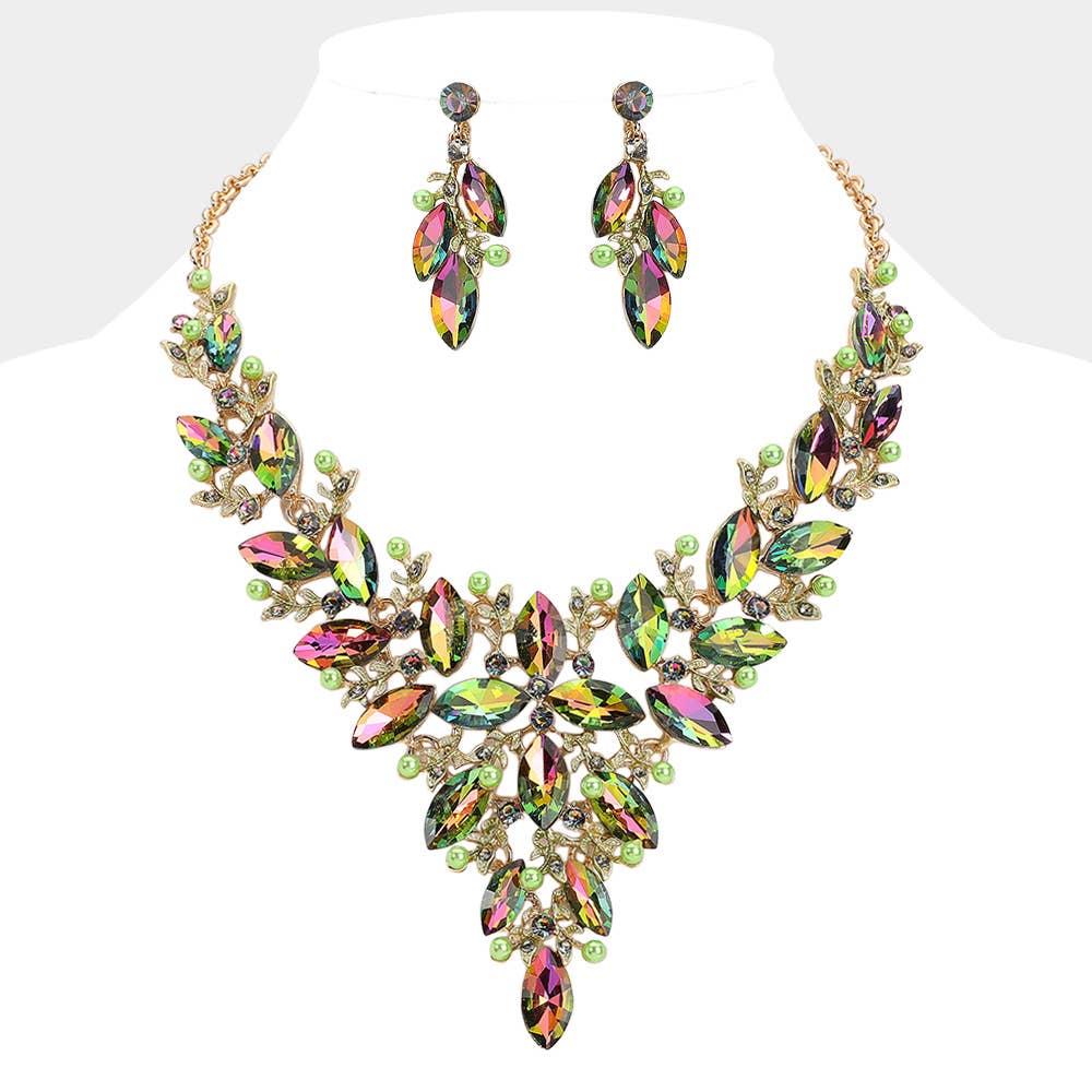 Marquise Glass Stone Cluster Pearl Vine Evening Necklace: Green Ab ...