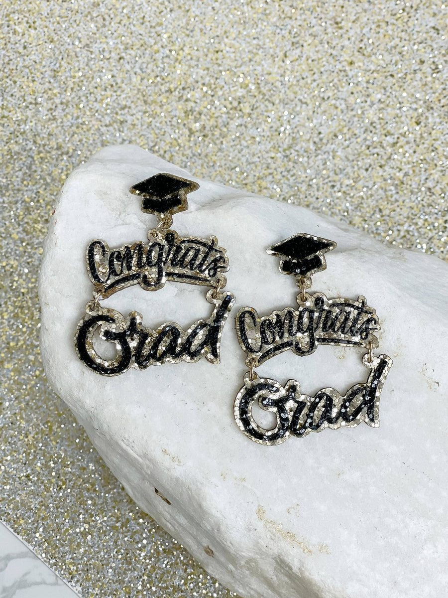 Gold Glitter Cursive 'Congrats Grad' Dangle Earrings – Crazy Ladies ...